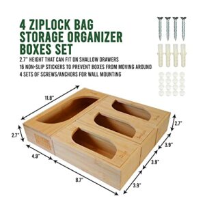 ZEEZEEG Premium Bamboo Ziplock Bag Organizer 4-Box Set 2.7 inches Deep that Fits Shallow Kitchen Drawer. Compatible with Gallon, Quart, Sandwich and Snack Variety Size Slider Bags