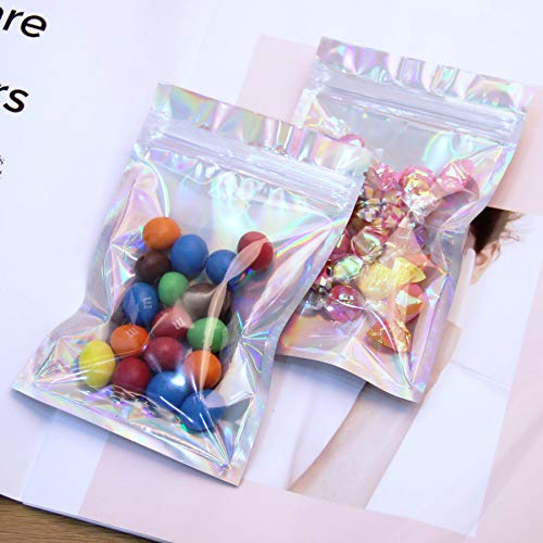 AMBESTAR 50 Pcs Resealable Smell Proof Bags, Small Holographic Color Resealable Foil Ziplock Pouch for Storage Food, Candy, Chocolate, Coffee Beans, Camping Spices and More, Small (4 x 6 Inches)