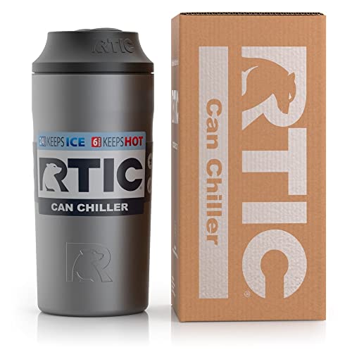 RTIC Can Chiller with Slider Lid, Graphite, Fits Various Sizes Including 12oz, 16oz, & Slim Cans, Double Wall Vacuum Insulated, Stainless Steel, Sweat Proof