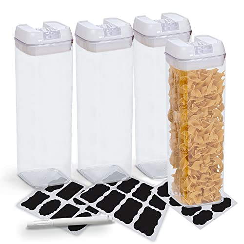 Cheer Collection One Size Airtight Food Storage Containers - Set of 4 IDENTICAL 65 oz Pantry Organizer Bins plus Marker and Labels - White lids