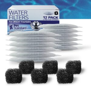 PET STANDARD Replacement Water Filter & 6 Pack Replacement Pre-Filter Sponges Compatible with ORSDA® 67oz/2L Stainless Steel Pet Water Fountains, Pack of 12