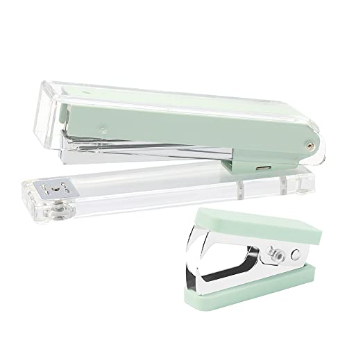 Mint Green Desk Stapler Staples Remover Set Clear Acrylic Body Metallic Stapler Manual Stapling tool with Staple Remover Kit for Home School Office Desktop Accessories Stationery Supplies (Mint Green)