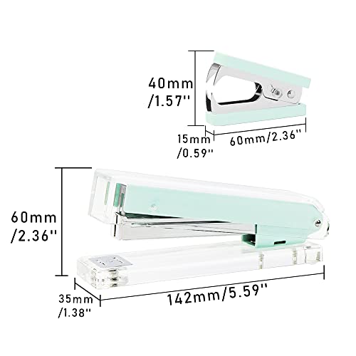 Mint Green Desk Stapler Staples Remover Set Clear Acrylic Body Metallic Stapler Manual Stapling tool with Staple Remover Kit for Home School Office Desktop Accessories Stationery Supplies (Mint Green)