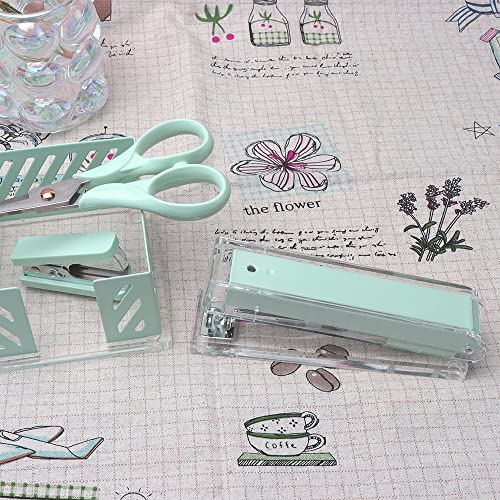 Mint Green Desk Stapler Staples Remover Set Clear Acrylic Body Metallic Stapler Manual Stapling tool with Staple Remover Kit for Home School Office Desktop Accessories Stationery Supplies (Mint Green)