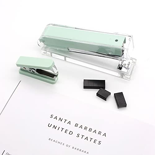 Mint Green Desk Stapler Staples Remover Set Clear Acrylic Body Metallic Stapler Manual Stapling tool with Staple Remover Kit for Home School Office Desktop Accessories Stationery Supplies (Mint Green)