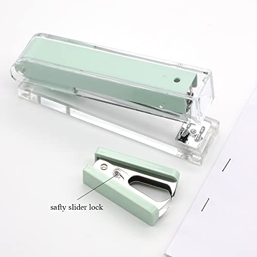 Mint Green Desk Stapler Staples Remover Set Clear Acrylic Body Metallic Stapler Manual Stapling tool with Staple Remover Kit for Home School Office Desktop Accessories Stationery Supplies (Mint Green)