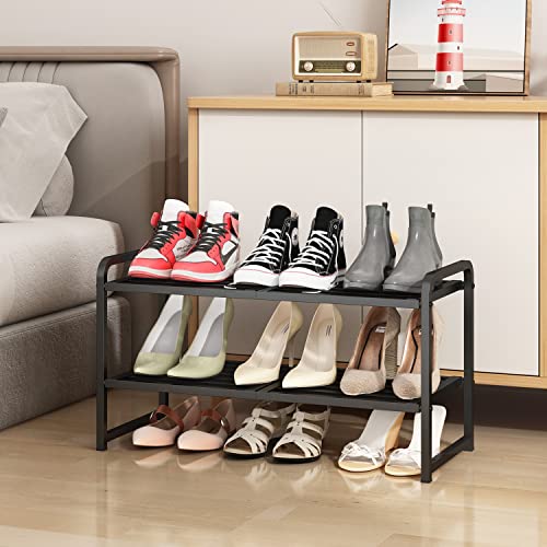 Simple Trending 2 Pack 2-Tier Stackable Shoe Rack, Shoe Shelf Storage Organizer, Black