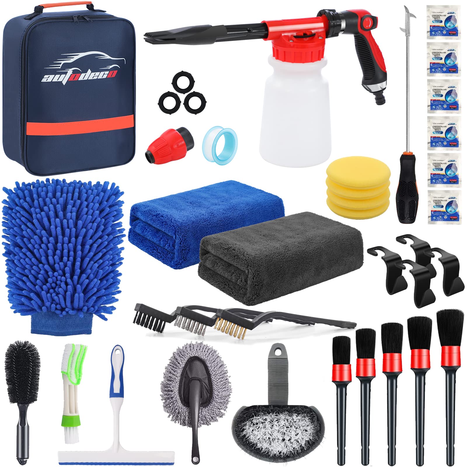 AUTODECO 33Pcs Car Wash Cleaning Kit with Foam Gun Sprayer Blue Canvas Bag Wash Mitt Sponge Towels Tire Brush Window Scraper Duster Complete Interior Exterior Car Detailing Set