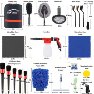 AUTODECO 33Pcs Car Wash Cleaning Kit with Foam Gun Sprayer Blue Canvas Bag Wash Mitt Sponge Towels Tire Brush Window Scraper Duster Complete Interior Exterior Car Detailing Set