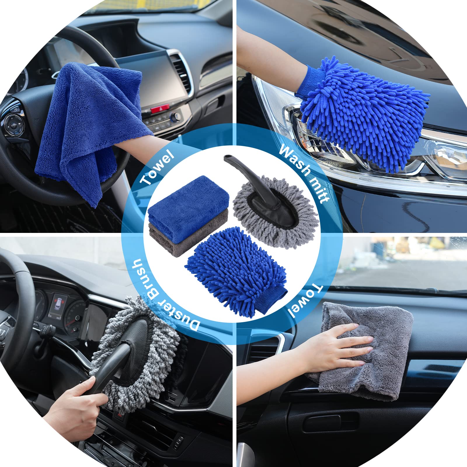 AUTODECO 33Pcs Car Wash Cleaning Kit with Foam Gun Sprayer Blue Canvas Bag Wash Mitt Sponge Towels Tire Brush Window Scraper Duster Complete Interior Exterior Car Detailing Set