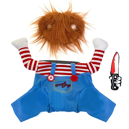 Camlinbo Halloween Costume for Pets Dogs Cats, Deadly Doll Wig Chucky Guitarist Funny Costume for Pets Puppy Small Medium Dogs Clothes Outfit Cosplay