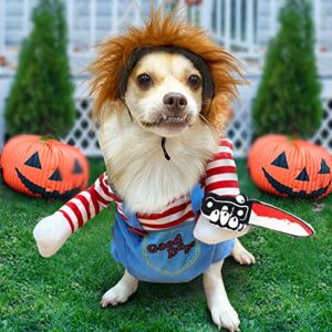 Camlinbo Halloween Costume for Pets Dogs Cats, Deadly Doll Wig Chucky Guitarist Funny Costume for Pets Puppy Small Medium Dogs Clothes Outfit Cosplay