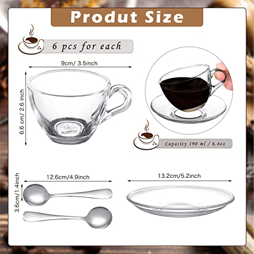 6.4 oz Espresso Cups Demitasse Clear Glass Espresso Drinkware Demitasse Cups Espresso Cups with Saucers Set Tea Cup and Saucer Set of 6 with Stainless Steel Mini Spoon for Hostess Coffee Lover