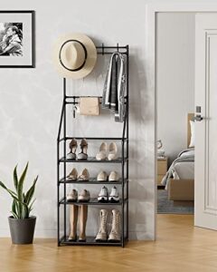 timebal shoe rack coat hat rack, stackable shoe storage organizer, holds 8 pair shoes and boots and hangs coats & hats, durable metal pipes shoe shelf organizer for entryway, hallway, living room