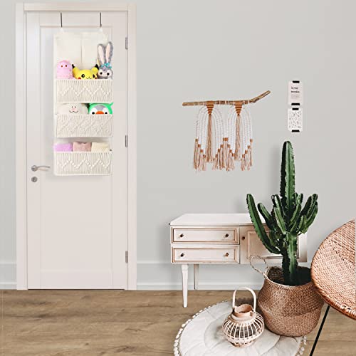 Zeesa Over The Door Organizer Boho Hanging Storage Behind Door Organizer Wall Mount with 3 Large Woven Pockets, for Home, Bedroom, Dorm, Nursery, Diamond Macrame