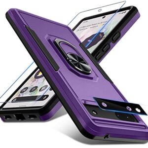 Google Pixel 6a 5G Case with Screen Protector + Camera Lens Protector,Heavy Duty Shockproof Full Body Protective Phone Cover,Built in Rotatable Magnetic Ring Holder Kickstand,2022 Lavender