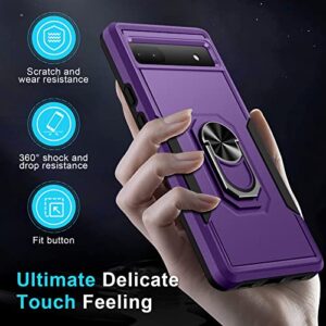 Google Pixel 6a 5G Case with Screen Protector + Camera Lens Protector,Heavy Duty Shockproof Full Body Protective Phone Cover,Built in Rotatable Magnetic Ring Holder Kickstand,2022 Lavender