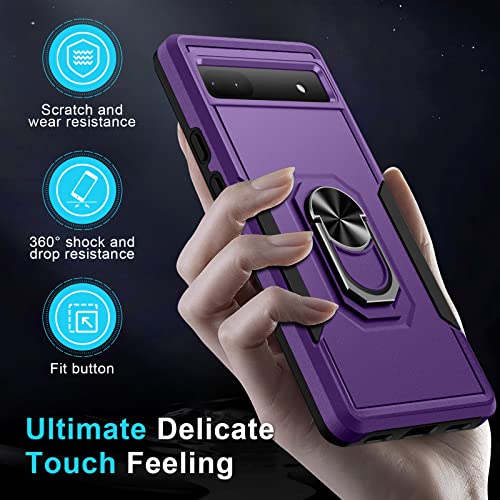 Google Pixel 6a 5G Case with Screen Protector + Camera Lens Protector,Heavy Duty Shockproof Full Body Protective Phone Cover,Built in Rotatable Magnetic Ring Holder Kickstand,2022 Lavender