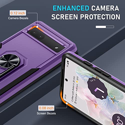 Google Pixel 6a 5G Case with Screen Protector + Camera Lens Protector,Heavy Duty Shockproof Full Body Protective Phone Cover,Built in Rotatable Magnetic Ring Holder Kickstand,2022 Lavender