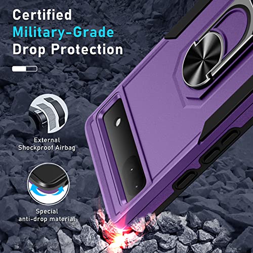 Google Pixel 6a 5G Case with Screen Protector + Camera Lens Protector,Heavy Duty Shockproof Full Body Protective Phone Cover,Built in Rotatable Magnetic Ring Holder Kickstand,2022 Lavender