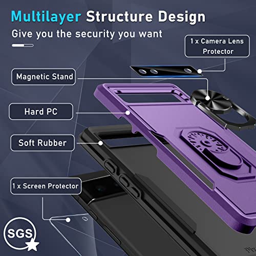 Google Pixel 6a 5G Case with Screen Protector + Camera Lens Protector,Heavy Duty Shockproof Full Body Protective Phone Cover,Built in Rotatable Magnetic Ring Holder Kickstand,2022 Lavender