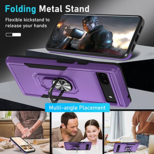 Google Pixel 6a 5G Case with Screen Protector + Camera Lens Protector,Heavy Duty Shockproof Full Body Protective Phone Cover,Built in Rotatable Magnetic Ring Holder Kickstand,2022 Lavender