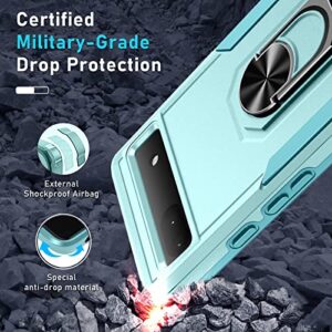 Google Pixel 6a 5G Case with Screen Protector + Camera Lens Protector,Heavy Duty Shockproof Full Body Protective Phone Cover,Built in Rotatable Magnetic Ring Holder Kickstand,2022 Mint Green