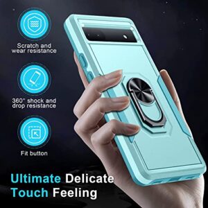 Google Pixel 6a 5G Case with Screen Protector + Camera Lens Protector,Heavy Duty Shockproof Full Body Protective Phone Cover,Built in Rotatable Magnetic Ring Holder Kickstand,2022 Mint Green