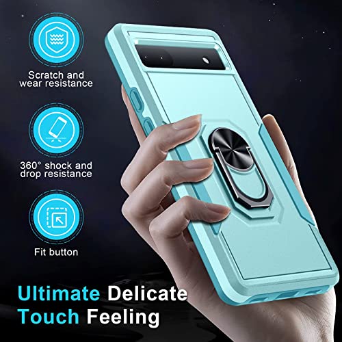 Google Pixel 6a 5G Case with Screen Protector + Camera Lens Protector,Heavy Duty Shockproof Full Body Protective Phone Cover,Built in Rotatable Magnetic Ring Holder Kickstand,2022 Mint Green