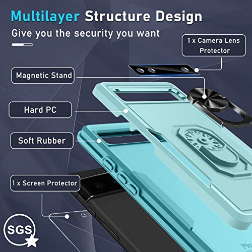 Google Pixel 6a 5G Case with Screen Protector + Camera Lens Protector,Heavy Duty Shockproof Full Body Protective Phone Cover,Built in Rotatable Magnetic Ring Holder Kickstand,2022 Mint Green