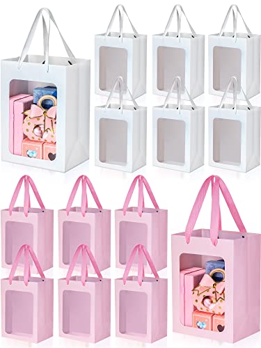 Zhehao 12 Pcs Christmas Paper Gift Bags with Transparent Window 7.09 x 5.12 x 9.84 Inch Gift Wrap Bags for Bouquets with Handle for Festivals Party, Weddings, white, Pink