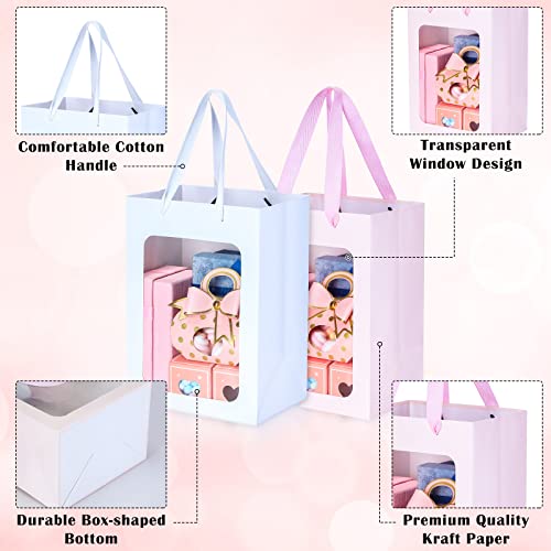 Zhehao 12 Pcs Christmas Paper Gift Bags with Transparent Window 7.09 x 5.12 x 9.84 Inch Gift Wrap Bags for Bouquets with Handle for Festivals Party, Weddings, white, Pink