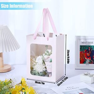 Zhehao 12 Pcs Christmas Paper Gift Bags with Transparent Window 7.09 x 5.12 x 9.84 Inch Gift Wrap Bags for Bouquets with Handle for Festivals Party, Weddings, white, Pink