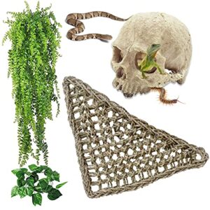 kathson reptile habitat skull decoration bearded dragon tank accessories resin human skulls hide cave hanging vines plant for lizards tortoise snake chameleon spider reptiles amphibians(4 pcs)