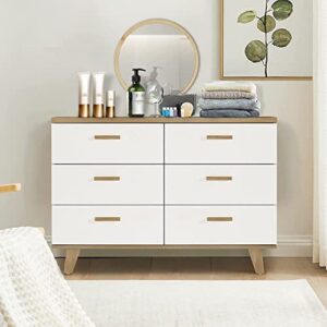 DMIDYLL Drawers Dresser Wood Nightstand for Bedroom, Living Room, Entryway, Nursery, Modern White Chest of Drawer, Storage Cabinet with Solid Wood Legs (6-Drawer)