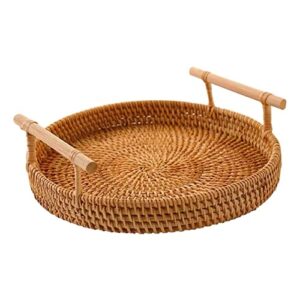 ochine 1 pack wood serving tray woven serving tray with handles, round bread serving basket poly-wicker basket tray decorative rattan fruit tray for serving bread vegetable snack