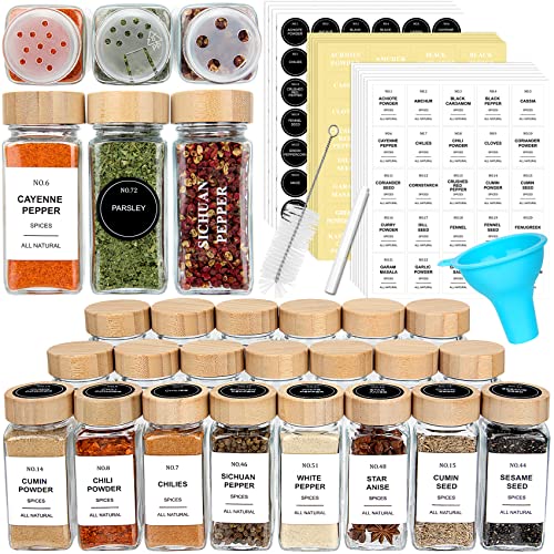 JuneHeart 24 Pcs Spice Jars with Label, Spice Jars with Bamboo Lids, 4 oz Glass Spice Jars with Shaker Lids, 535 Labels of 3 Different Types, Seasoning Jars for Spice Rack, Cabinet, Drawer