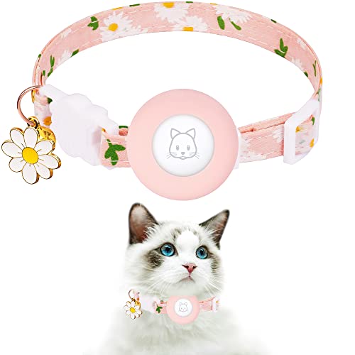 Airtag Cat Collar, JXFUKAL Kitten Collar Breakaway with Silicone Airtag Holder, Bells & Flower Charm for Girl Cats Boy Cats Small Dogs(Pink)