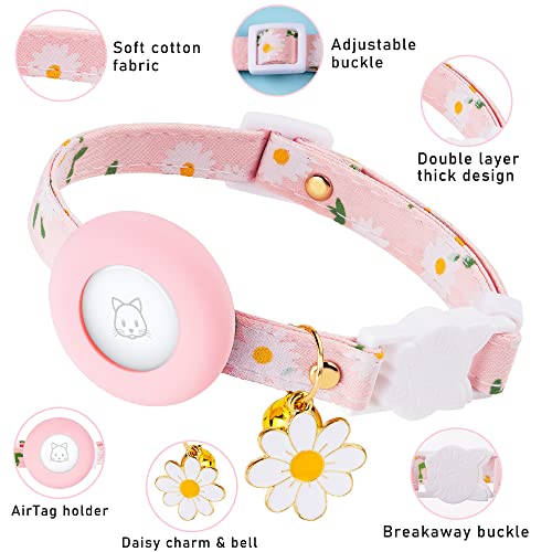 Airtag Cat Collar, JXFUKAL Kitten Collar Breakaway with Silicone Airtag Holder, Bells & Flower Charm for Girl Cats Boy Cats Small Dogs(Pink)