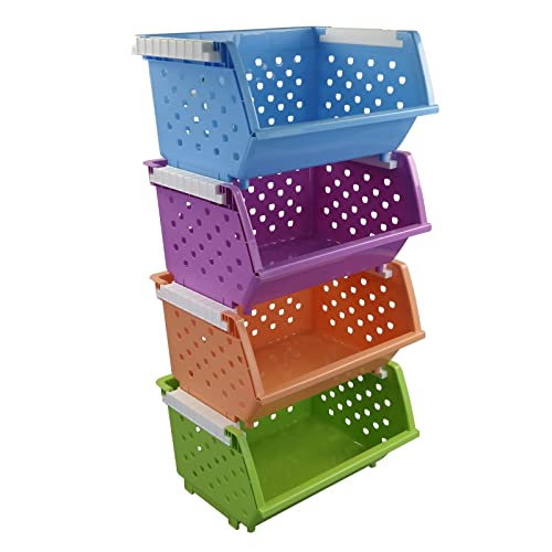 Ramddy 4-Pack Large Plastic Stackable Storage Basket, Multi-functional Colored Toy Stacking Bins