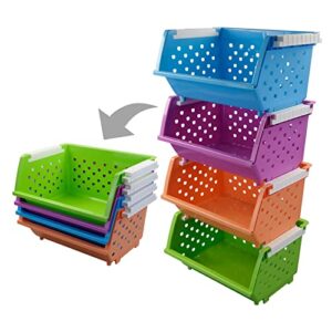 Ramddy 4-Pack Large Plastic Stackable Storage Basket, Multi-functional Colored Toy Stacking Bins