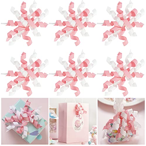 AIMUDI Pink and White Curly Gift Bows 4" Self Adhesive Curly Bows for Gift Wrapping Twist Tie Curly Bows for Baby Shower Party Decorations It is a Girl Gender Reveal Goodie Treat Bags - 6 Counts