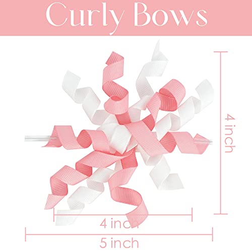 AIMUDI Pink and White Curly Gift Bows 4" Self Adhesive Curly Bows for Gift Wrapping Twist Tie Curly Bows for Baby Shower Party Decorations It is a Girl Gender Reveal Goodie Treat Bags - 6 Counts