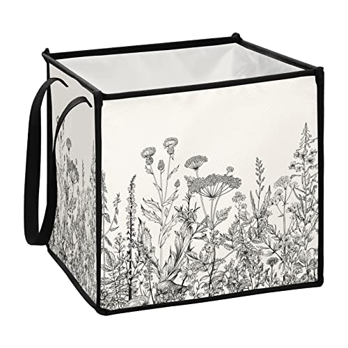 Blueangle Black and White Flowers Cube Storage Bin with Handles, 13 x 13 x 13 in, Large Collapsible Organizer Storage Basket for Home Décor（1137）