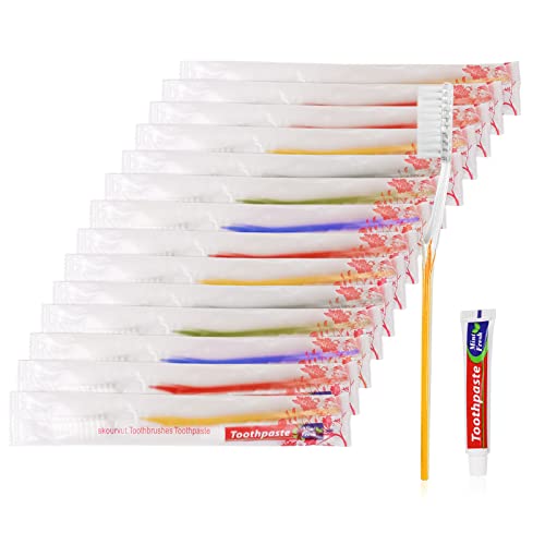 skourvut Disposable Toothbrushes with Toothpaste Individually Wrapped 5 Colors Bulk Toothbrush and Toothpaste 10g for Homeless,Shelter,Air Bnb/Hotel/Guest Apartment (30)