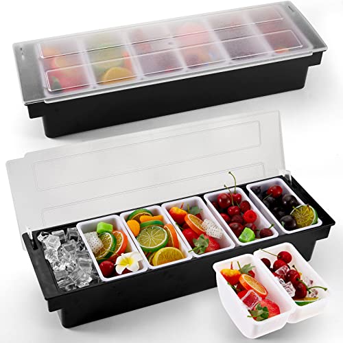 Tessco 2 Piece Ice Cooled Condiment Serving Container Chilled Garnish Tray Bar Caddy Large with Hinged Lid for Home Work or Restaurant, Black (6 Compartments)