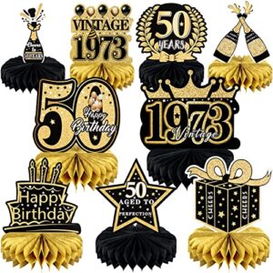 9 pcs 50th birthday decoration for men women 50th birthday table decorations cheers to 50th birthday honeycomb centerpieces 1973 table topper black and gold 50th birthday party favors