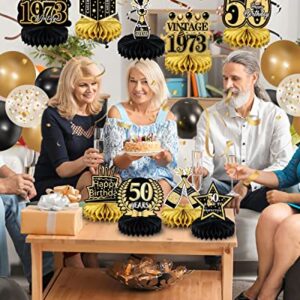 9 Pcs 50th Birthday Decoration for Men Women 50th Birthday Table Decorations Cheers to 50th Birthday Honeycomb Centerpieces 1973 Table Topper Black and Gold 50th Birthday Party Favors