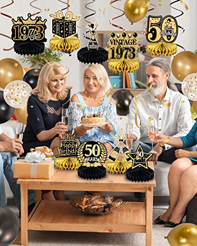 9 Pcs 50th Birthday Decoration for Men Women 50th Birthday Table Decorations Cheers to 50th Birthday Honeycomb Centerpieces 1973 Table Topper Black and Gold 50th Birthday Party Favors