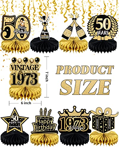 9 Pcs 50th Birthday Decoration for Men Women 50th Birthday Table Decorations Cheers to 50th Birthday Honeycomb Centerpieces 1973 Table Topper Black and Gold 50th Birthday Party Favors